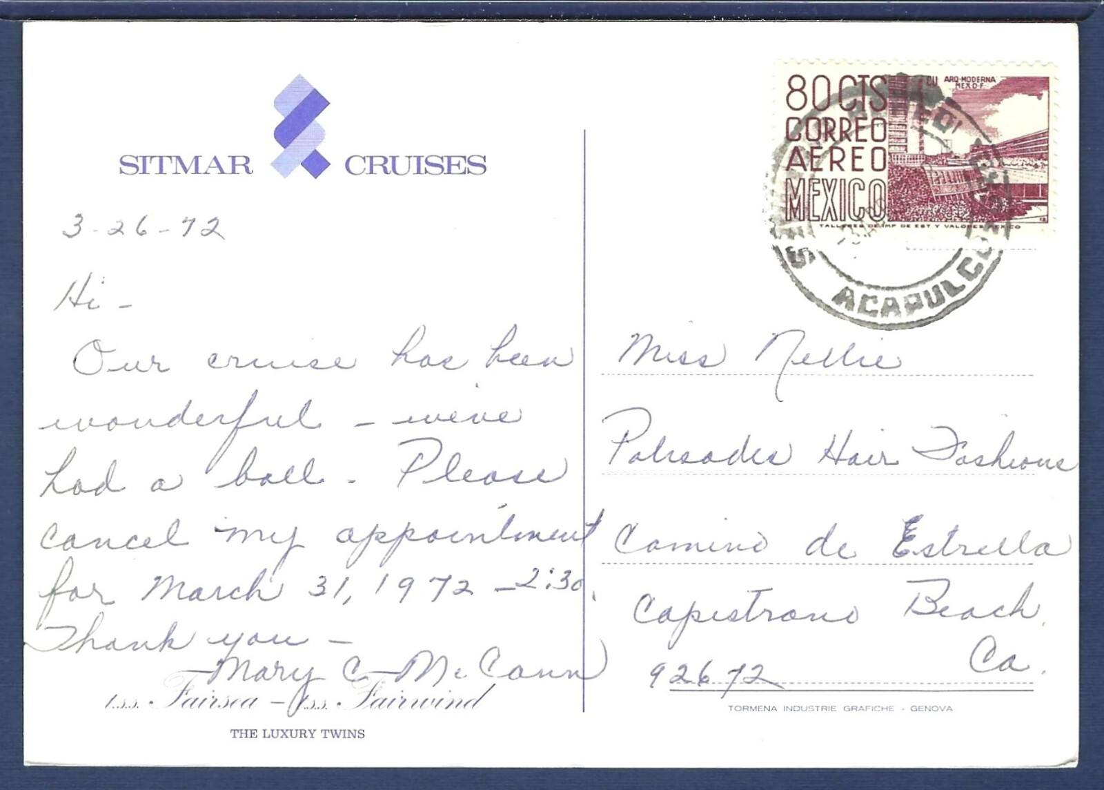 TSS FAIRSEA Luxury Cruise Ship of Sitmar Cruises Paquebot Postcard | eBay