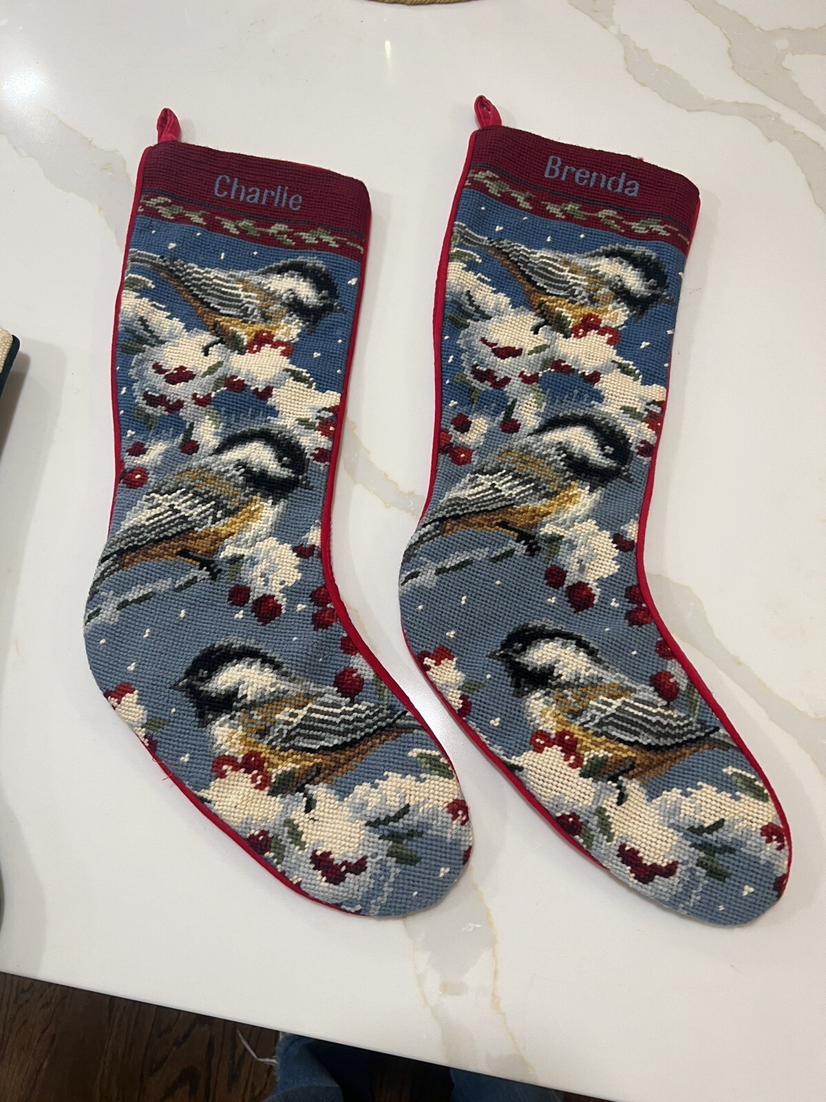 VTG Lands End Needlepoint Wool Christmas Stockings Velvet Back Angel ...