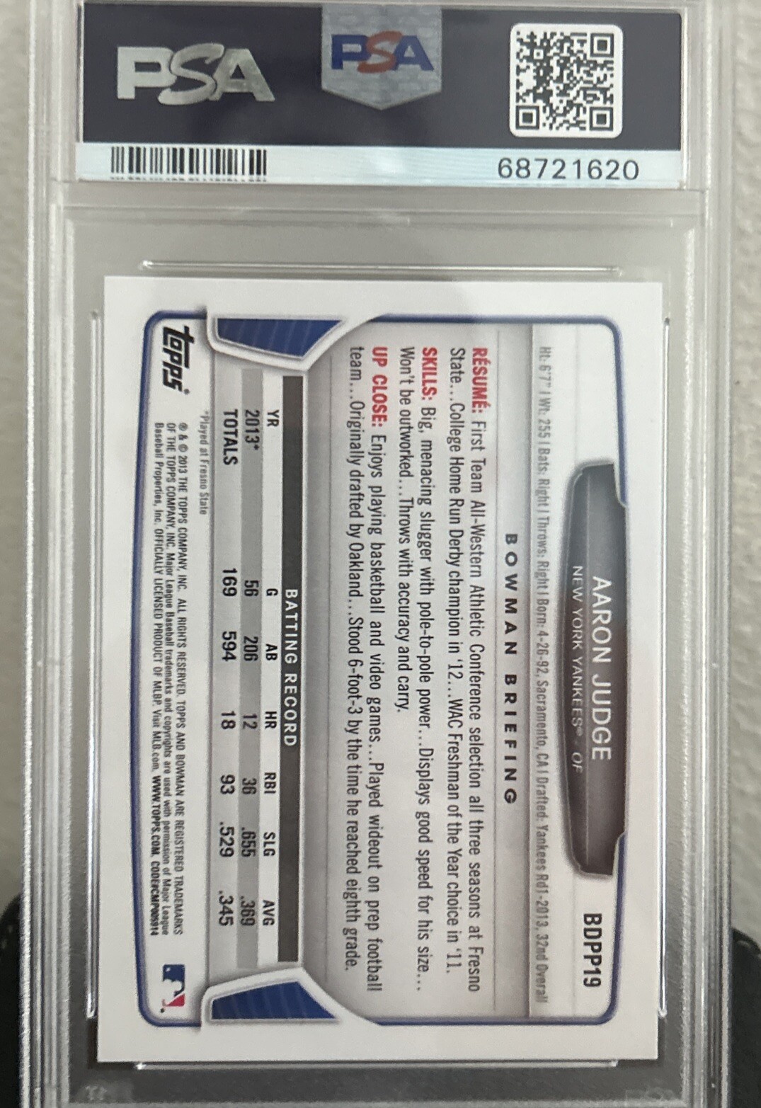 PSA 10 AARON JUDGE 1st 2013 BOWMAN DRAFT PICKS YANKEES ROOKIE CARD RC ...