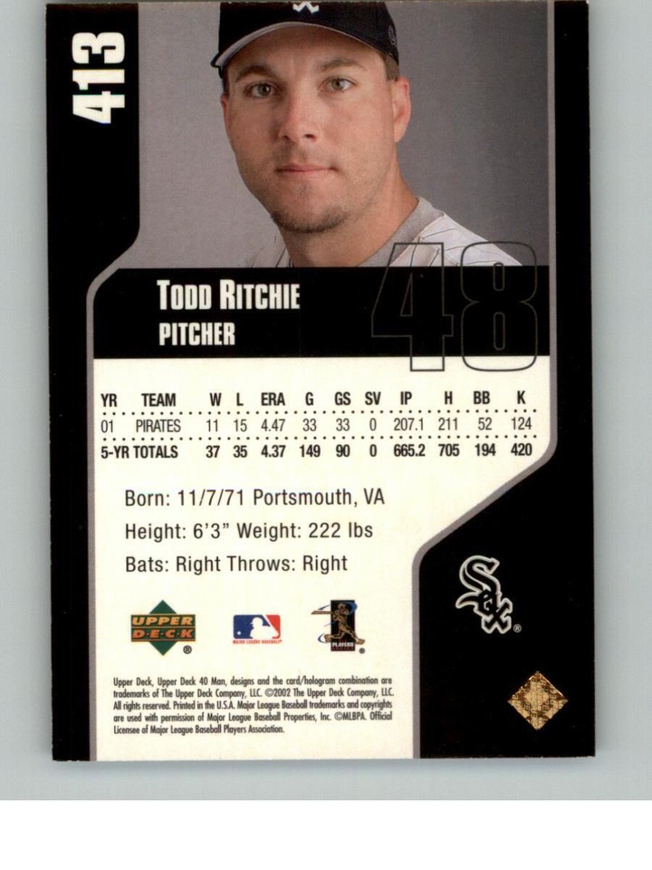2002 Upper Deck 40-Man Todd Ritchie 413 Electric SN Chicago White Sox ...
