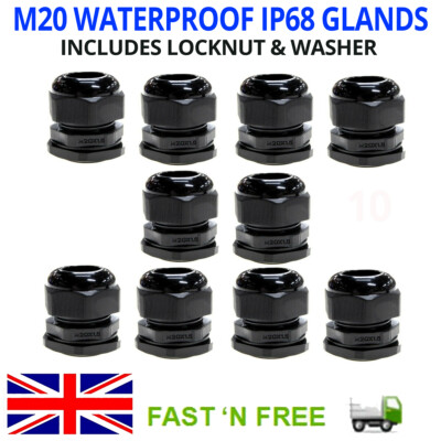 Black Cable Glands 20mm M20 Waterproof IP68 Nylon Stuffing Locknut ...