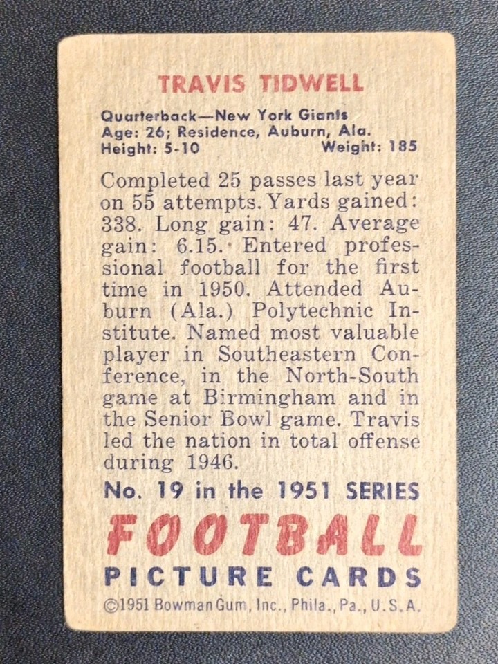 1951 Bowman #19 TRAVIS TIDWELL -- New York Giants, Auburn -- Good | eBay