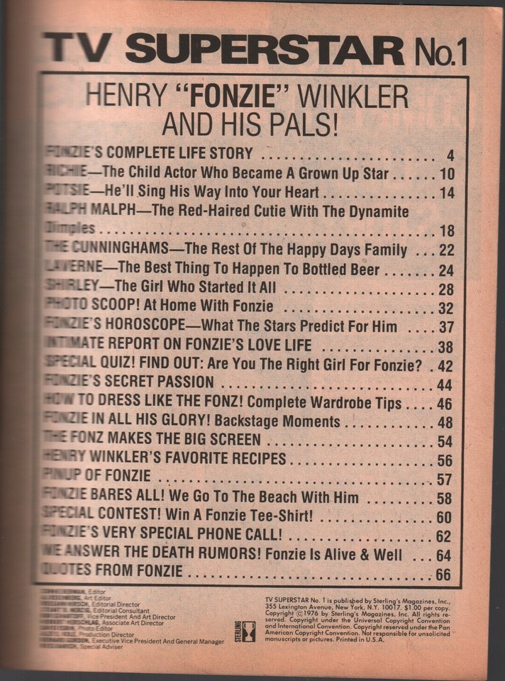 TV Superstar Magazine #1 1976 Henry Winkler Fonzie Laverne and Shirley ...