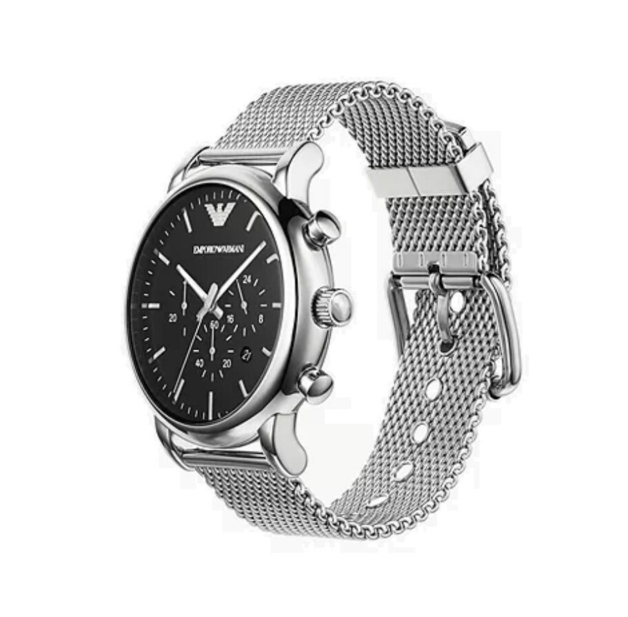 NEW EMPORIO ARMANI MENS WATCH AR1808 SILVER TONE MESH STRAP BLACK DIAL ...