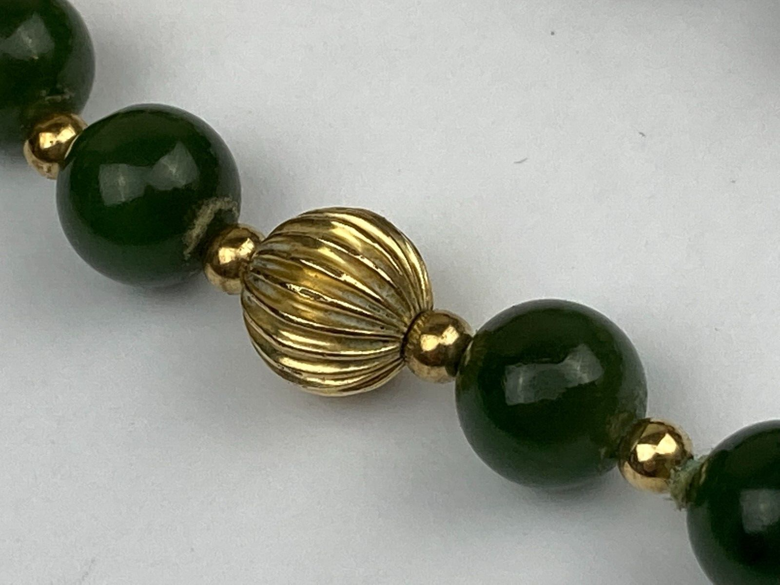 Jade Nephrite Bead Necklace 14" 1/20 12ct Gold Clasp & Gold ...