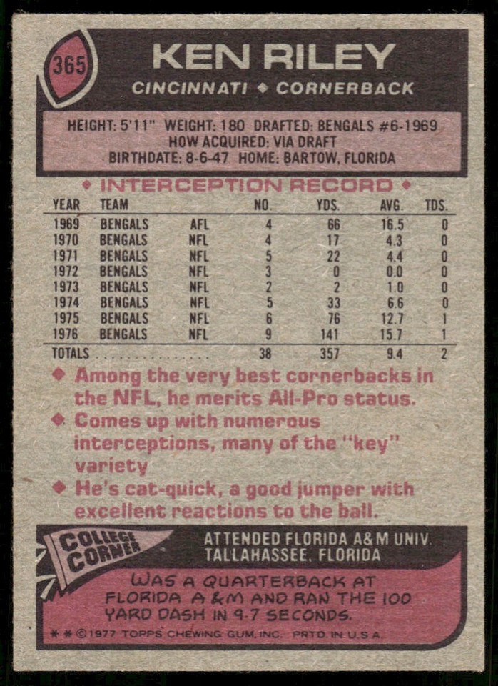 1977 Topps Ken Riley Cincinnati Bengals #365 | eBay