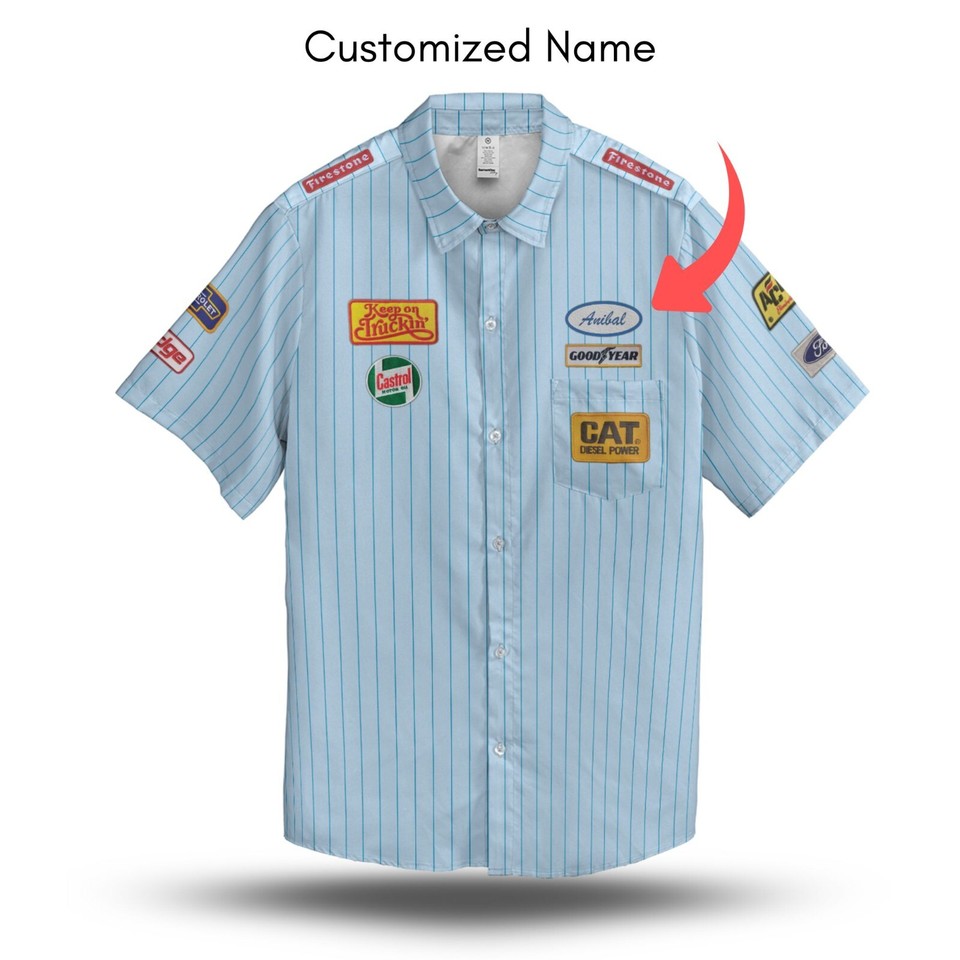 Vintage Work Style Mechanic Casual Button Shirt Printed Fake Patches ...