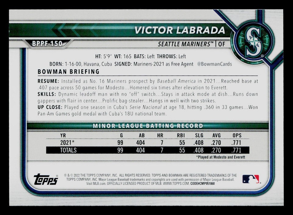 Victor Labrada 2022 1st Bowman Prospects 1st Edition Sky Blue Foil # ...