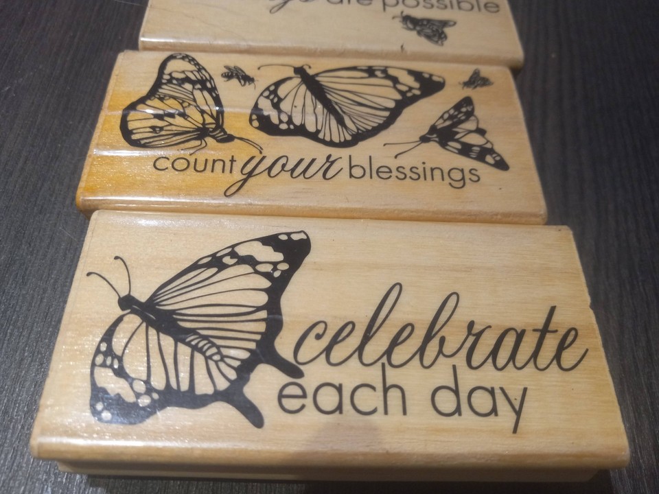 4 Scrapbooking Wooden Mounted Rubber Words, Phrases Butterflies Stamp ...
