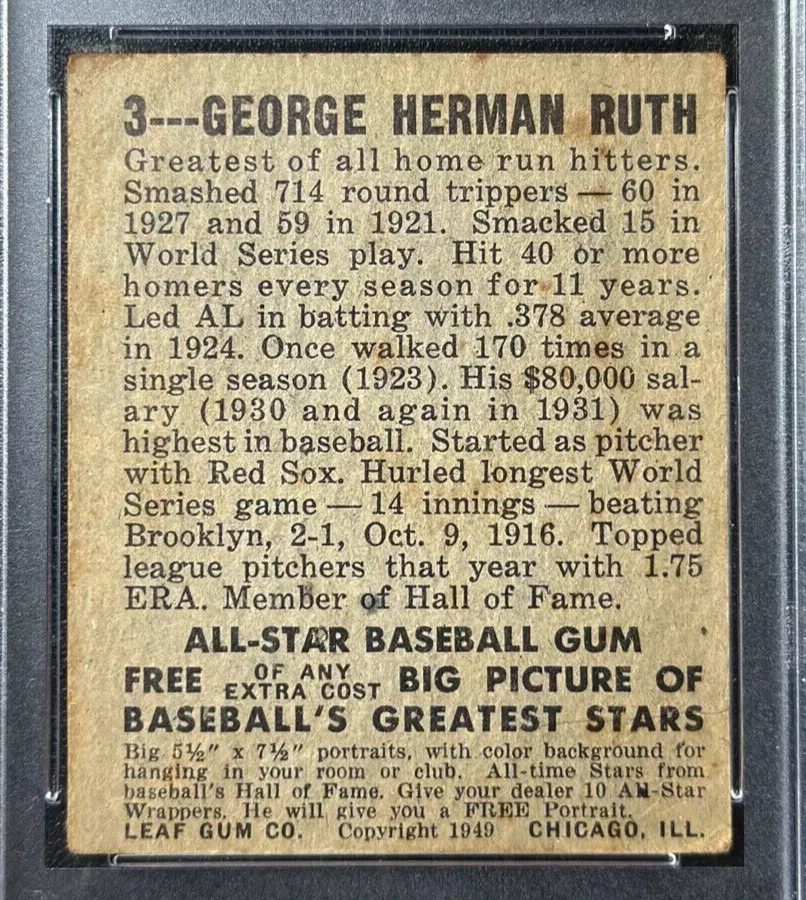 1948 Babe Ruth #3, Leaf Baseball Trading Card, Yankees, Hall of Fame ...