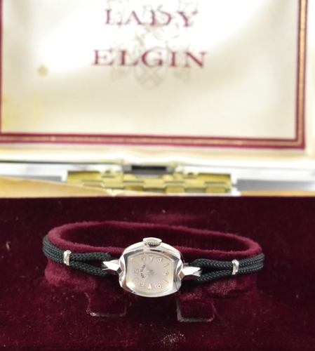 Vintage Lady Elgin NOS 14K White Gold Filled Ladies Mechanic Watch Runs ...