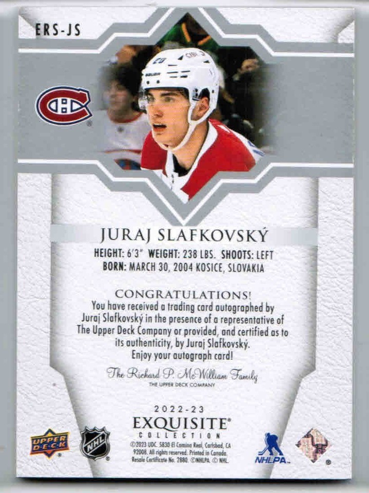 22/23 ICE EXQUISITE COLLECTION JURAJ SLAFKOVSKY ERS-JS ROOKIE ...