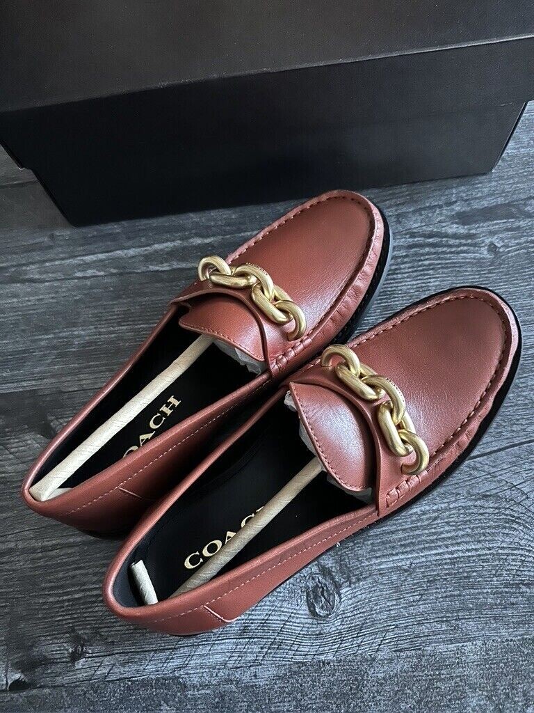 COACH Jess Leather Chunky Chain Link Logo Accent Loafer Flats Womens ...