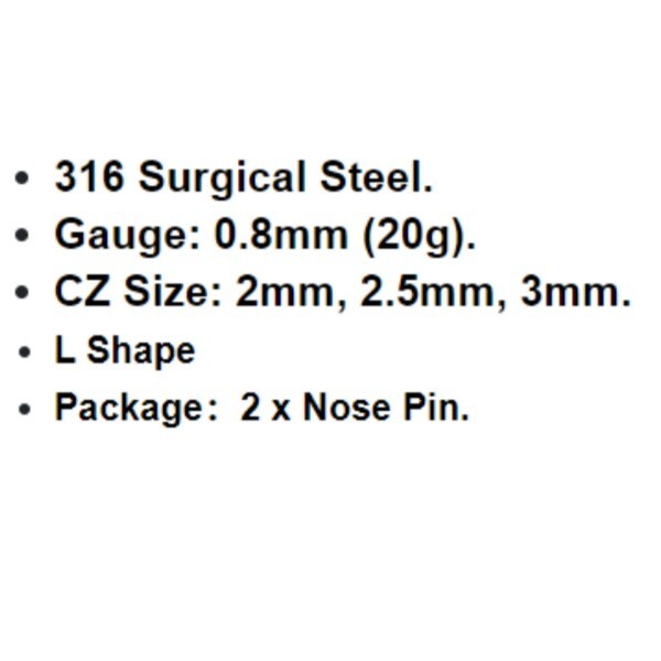 PAIR Gold L Bar Nose Pin 316 Surgical Steel Clear CZ Nose Stud Piercing ...