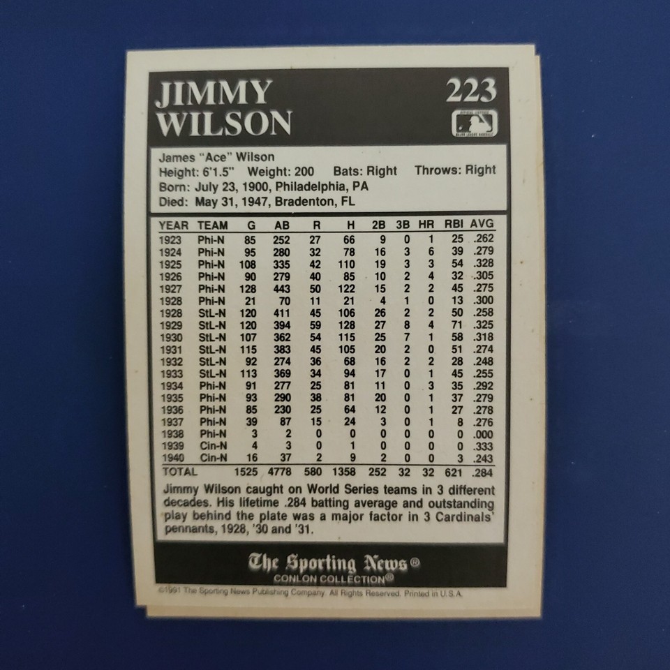 1991 THE SPORTING NEWS "JIMMY WILSON" BASEBALL CARD #223 BEAUTIFUL ...