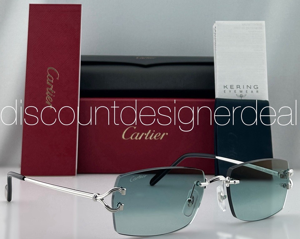 Cartier Rectangular Rimless Sunglasses CT0550S 004 Silver Metal Green ...