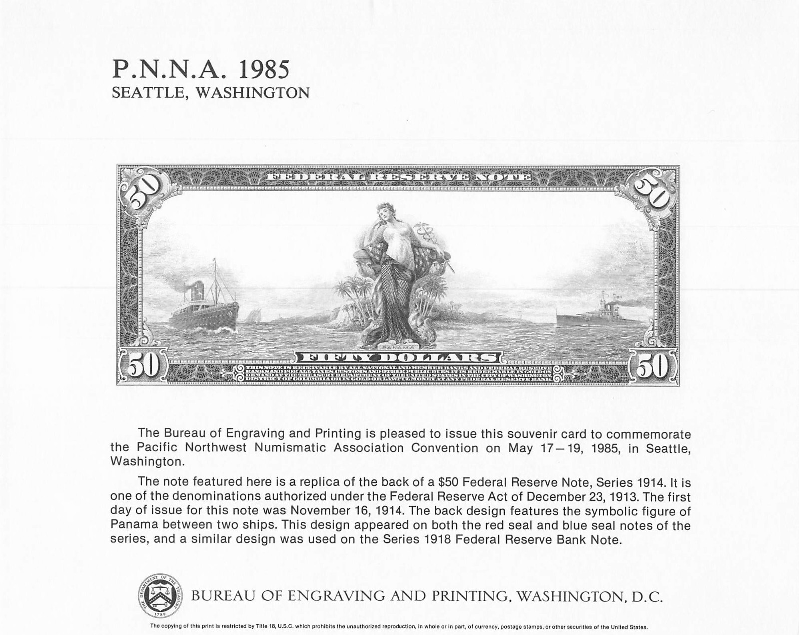 BEP B-79 Bureau of Engraving and Printing 1985 PNNA Seattle Washington ...