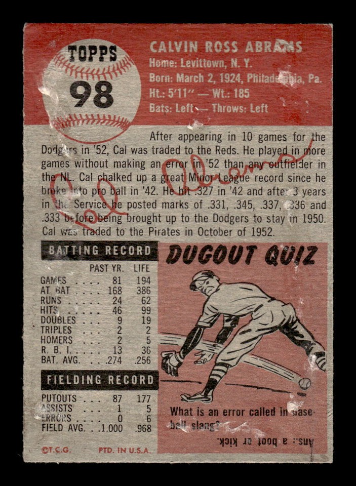 1953 Topps Baseball #98 Cal Abrams BACK STAIN WARPED PR Pittsburgh ...