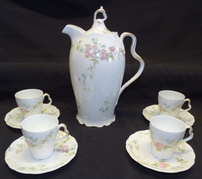 Rosenthal Iris Chocolate Pot w/4 Cups & Saucers -Pink Roses, Blue ...