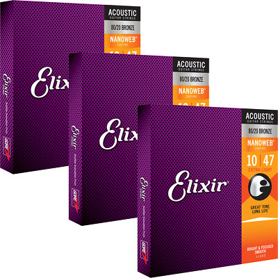 3 Sets Elixir 11002 NANOWEB 80/20 Extra Light Acoustic Guitar Strings ...