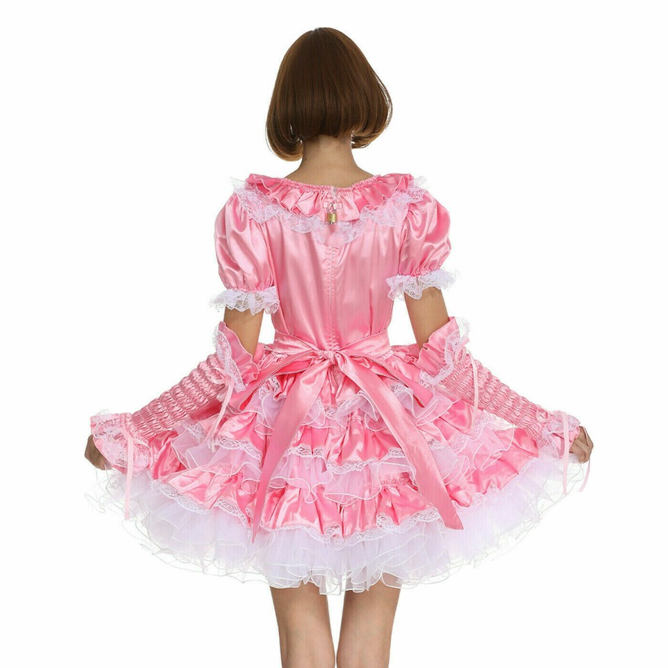 Girl Sissy Sexy Maid Pink Satin Lockable fluffy Dress Cosplay costume ...