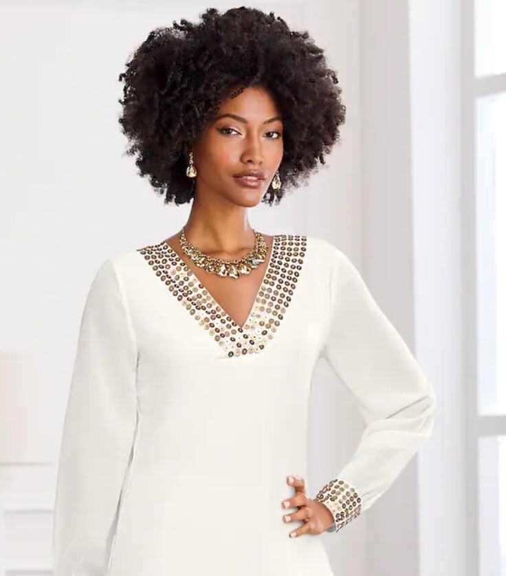 Size 1X PLUS Ashro Ivory Gold Formal Dress Cherelynne Sequin-Trim Pant ...