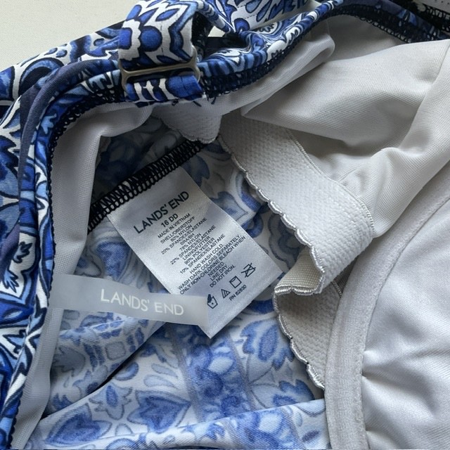 Lands End Tankini 16 DD Blue Patterned Underwire Soft Cups Adjust Strap ...