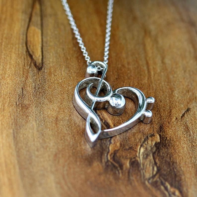 Musical Note Clef and Bass Women Love Charm Pendant Chain White Gold ...