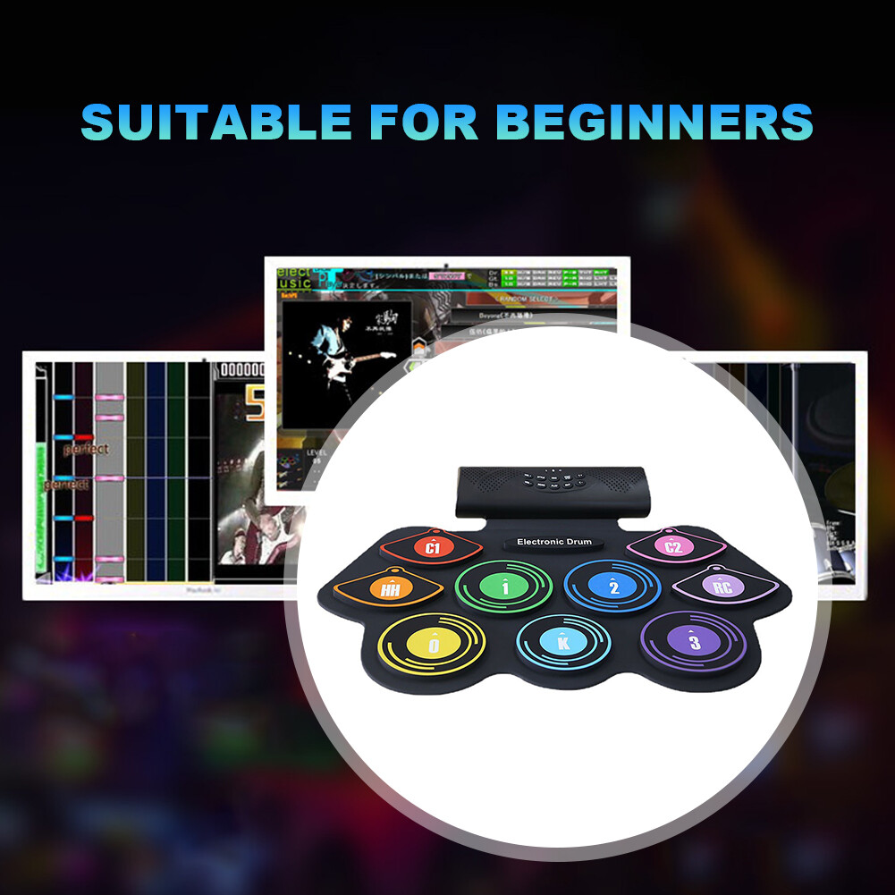 9 Pads Roll Up Drum Kit Black Electronic Roll Up Drum Pad Set for Kids ...