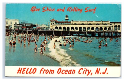 1967 OCEAN CITY, NJ Postcard- BLUE SKIES AND ROLLING SURF HELLO FROM ...