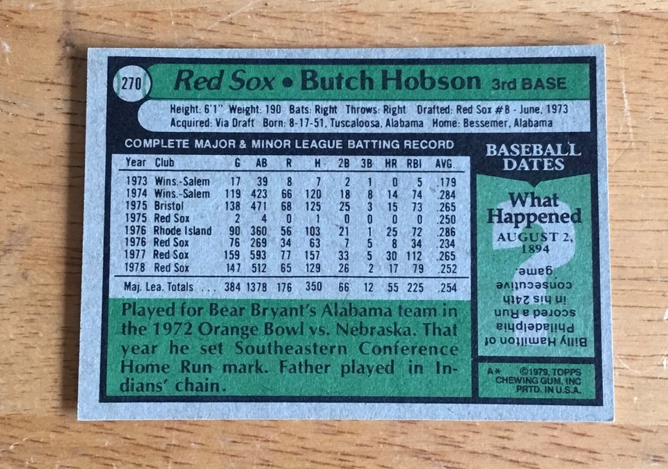 Butch Hobson Boston Red Sox Signed Autograph 1979 Topps Baseball Card ...