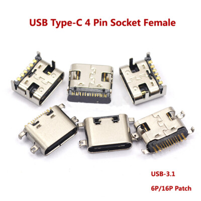 4 Pin USB Type-C Socket Female Port USB-3.1 6P/16P Patch Fast Charging ...