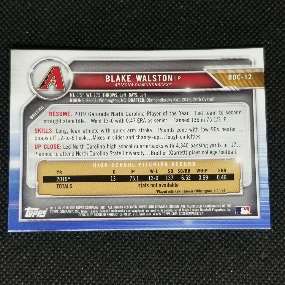 2019 Bowman Draft Blake Walston Chrome #BDC-12 Arizona Diamondbacks 1st ...