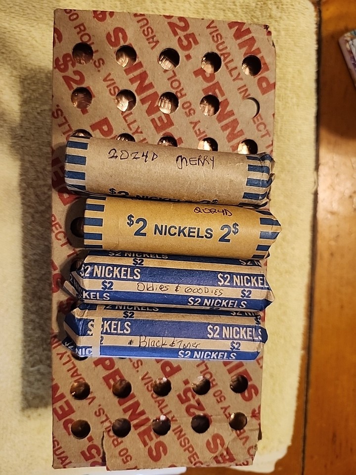 Paper_cardboard 2 Rolls 2024D Nickels, 1 Box 2025P Penny, 2 Rolls Misc ...