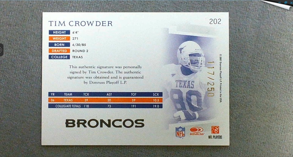 2007 Donruss Threads Rookie Autograph #202 Tim Crowder RC Auto #'d 117/ ...