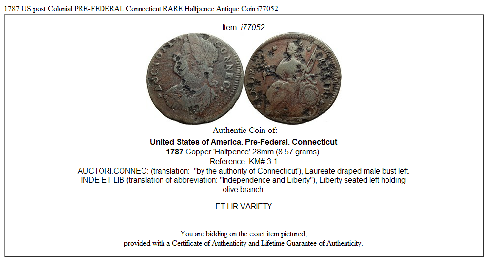 1787 US post Colonial PRE-FEDERAL Connecticut RARE Halfpence Antique ...