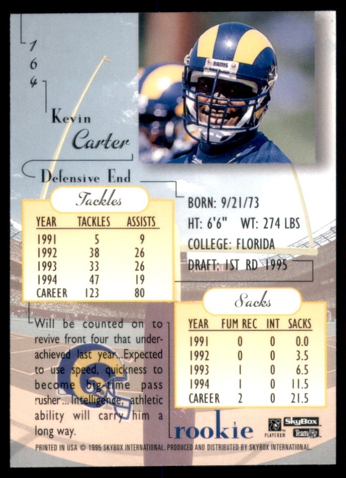 Kevin Carter RC 1995 SkyBox Premium #164 St. Louis Rams TW37991 ...
