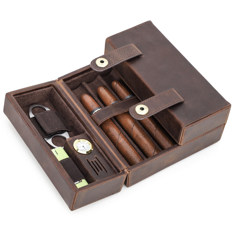 Luxury Genuine Leather Cigar Humidor Boxes Travel Clamshell portable ...