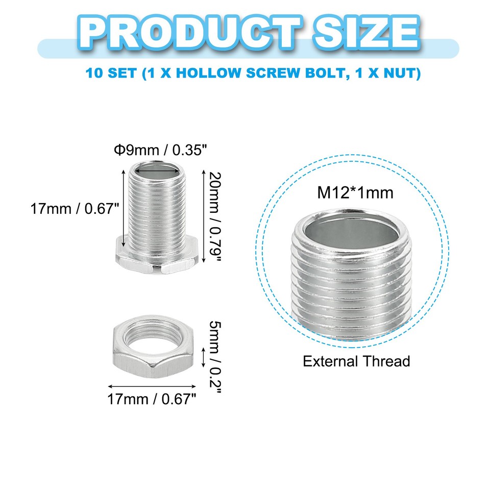 M12x20mm Hex Bolts and Nuts Kit, 10 Set Fine Thread Hollow Screw Bolt ...