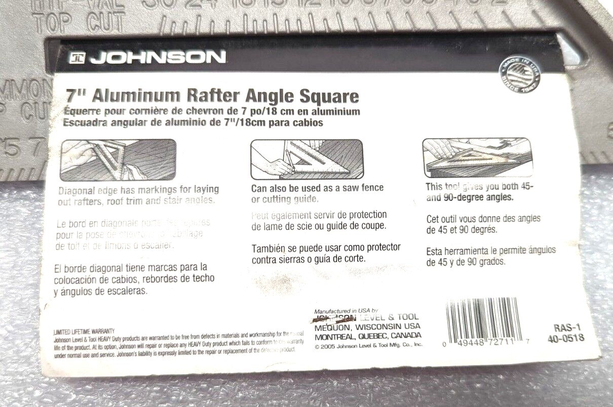 Johnson RAS-1 Rafter Square Aluminum 7" - With Booklet - Quantity ...