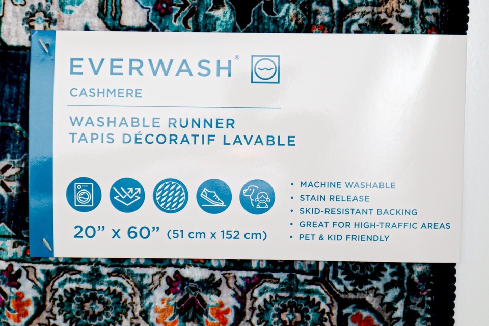 Super Soft EVERWASH Blue Cashmere Washable Runner Rug 20" x 60" Non ...