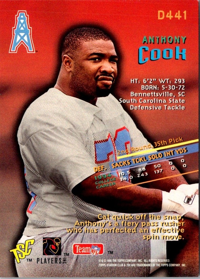 1995 Stadium Club Anthony Cook #D441 Houston Oilers Football Card | eBay