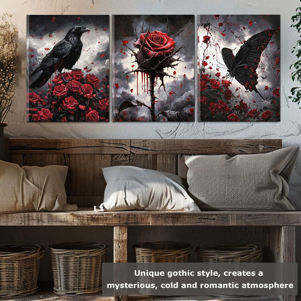 Framed Gothic Wall Art, Romantic Goth Decor, Spooky Dark Crow Flower ...