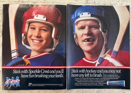 1990 Sparkle Crest toothpaste hockey Print Ad missing teeth 2 page ADA ...