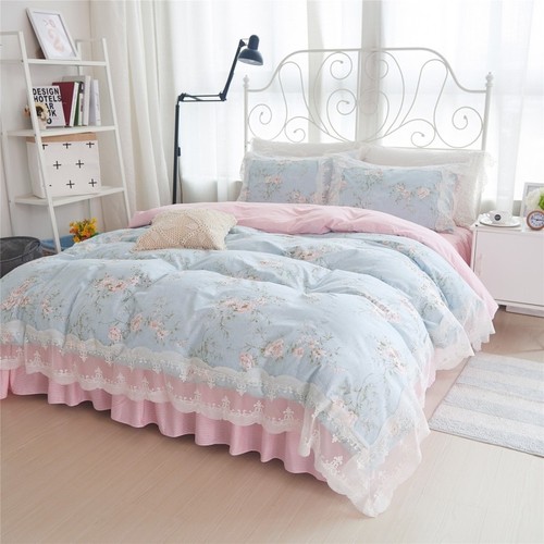 Princess Blue Floral Rose Bedding Duvet Comforter Cover Set Lace King ...