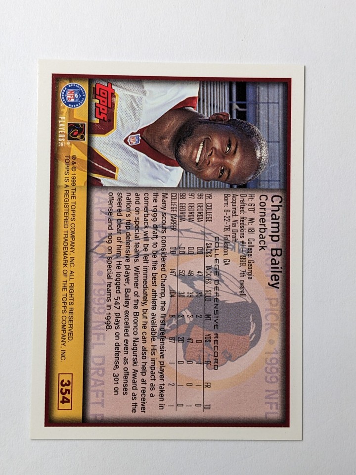 1999 Topps #354 Champ Bailey RC Washington Redskins HOF Rookie | eBay