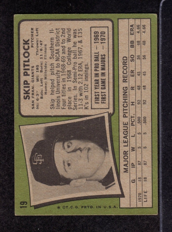 1971 Topps #19 Skip Pitlock San Francisco Giants ROOKIE Card VG/EX+ | eBay