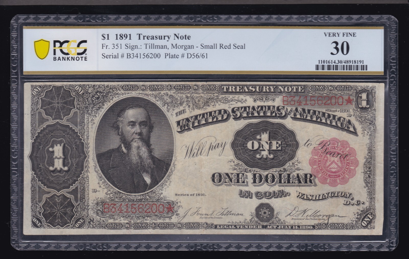 US 1891 $1 Treasury Note Plain Back Note Tillman/Morgan FR 351 PCGS 30 ...