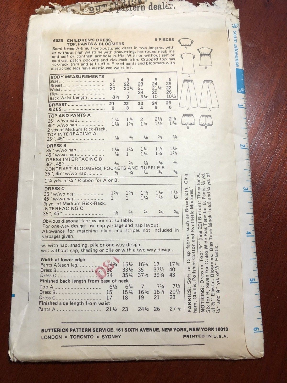 Sewing Patterns Early 1970’s Butterick #6625 Girls Size 6 Tops Pants ...