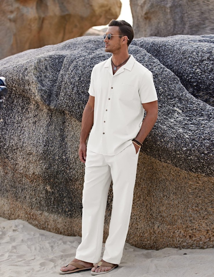 Mens Casual Linen 2 PC Outfit Set Cotton Beach Pant Guayabera Shirts ...